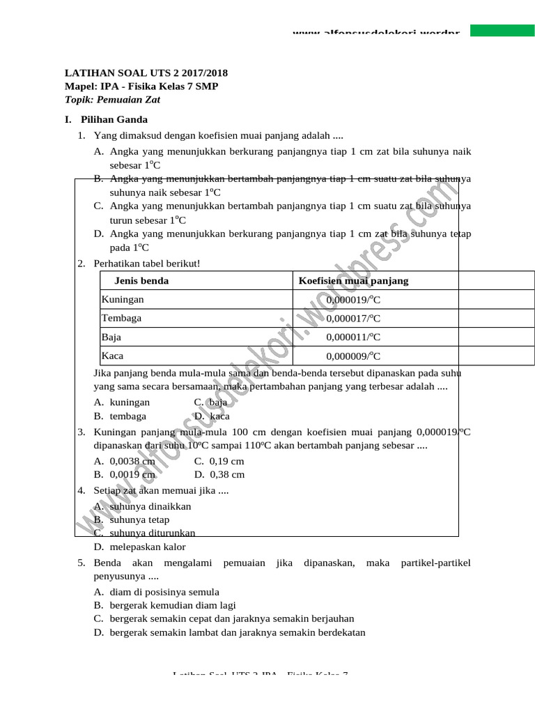 Kelas 7 Soal Latihan Uts 2 Ipa Fisika Kelas VII 1718 | PDF | Teknologi & Rekayasa
