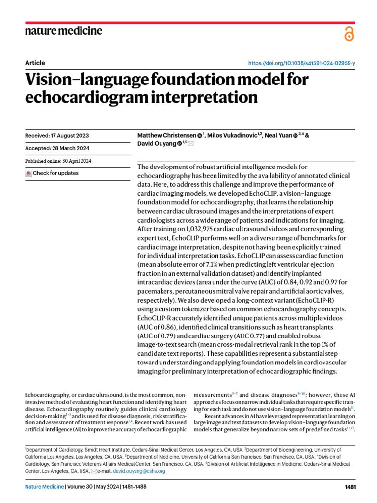 Vision-Language Foundation Model For Echocardiogram Interpretation | PDF | Echocardiography | Heart