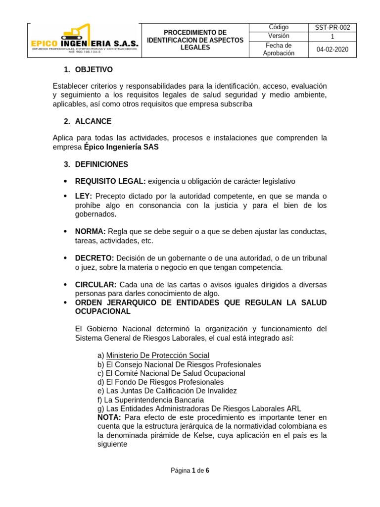SST-PR-002 Identificacion de Aspectos Legales | PDF | Seguridad y salud ocupacional | Derecho ...