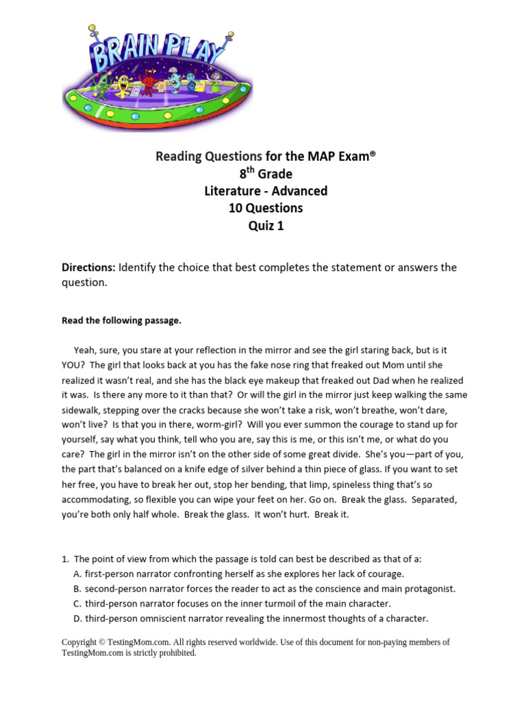 MAP 8th Grade - Reading - Literature - Advanced Quiz 1 - Testing Mom ...