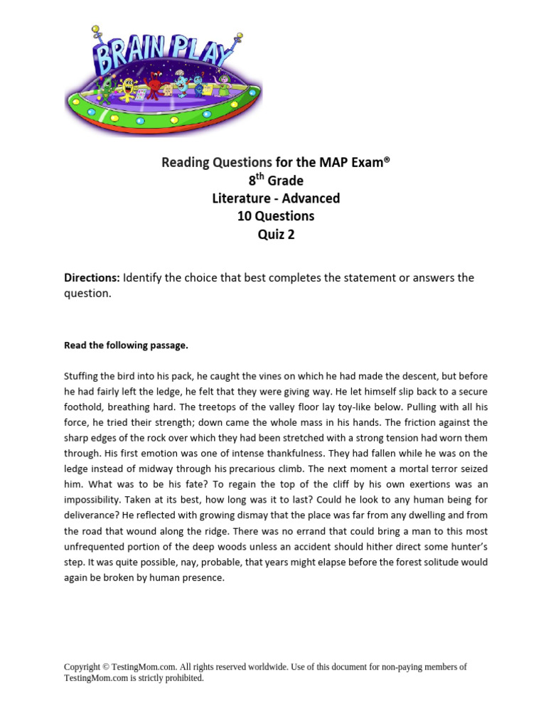 MAP 8th Grade - Reading - Literature - Advanced Quiz 2 - Testing Mom | PDF