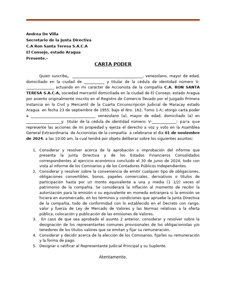 Modelo de Carta Poder | PDF | Documento de identidad | Venezuela
