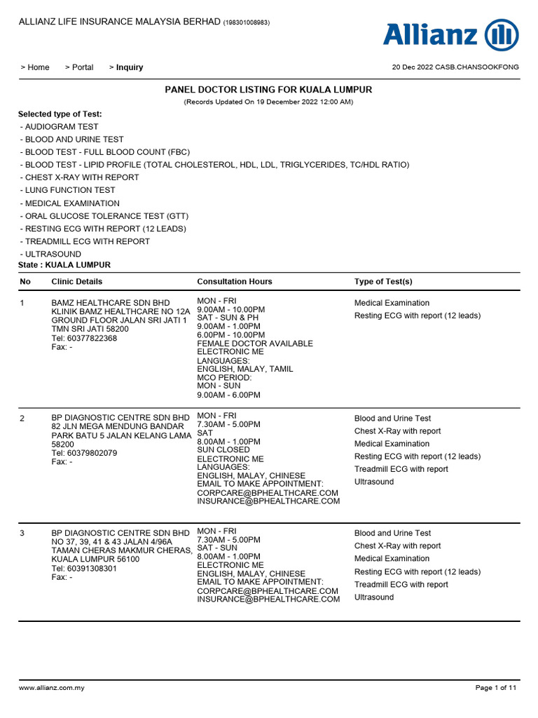 KL Panel Doctors for Allianz | PDF | Malaysia | Medical Diagnosis