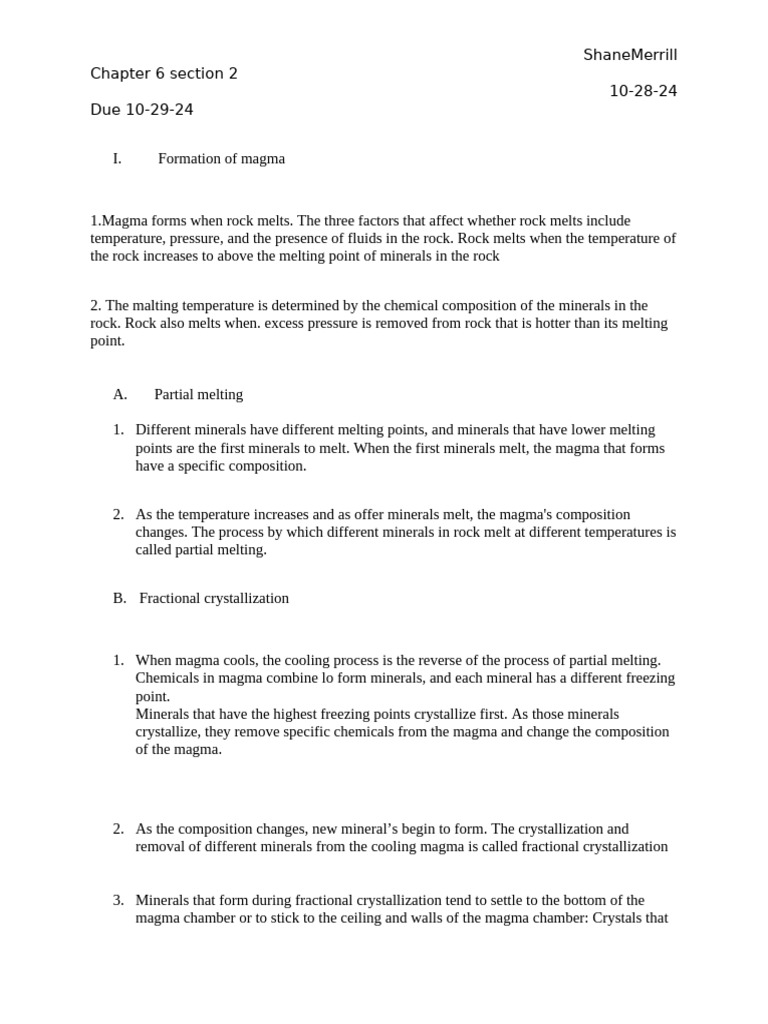 Shanemerrill Chapter 6 Section 2 10-28-24 Due 10-29-24 | PDF | Igneous Rock | Magma