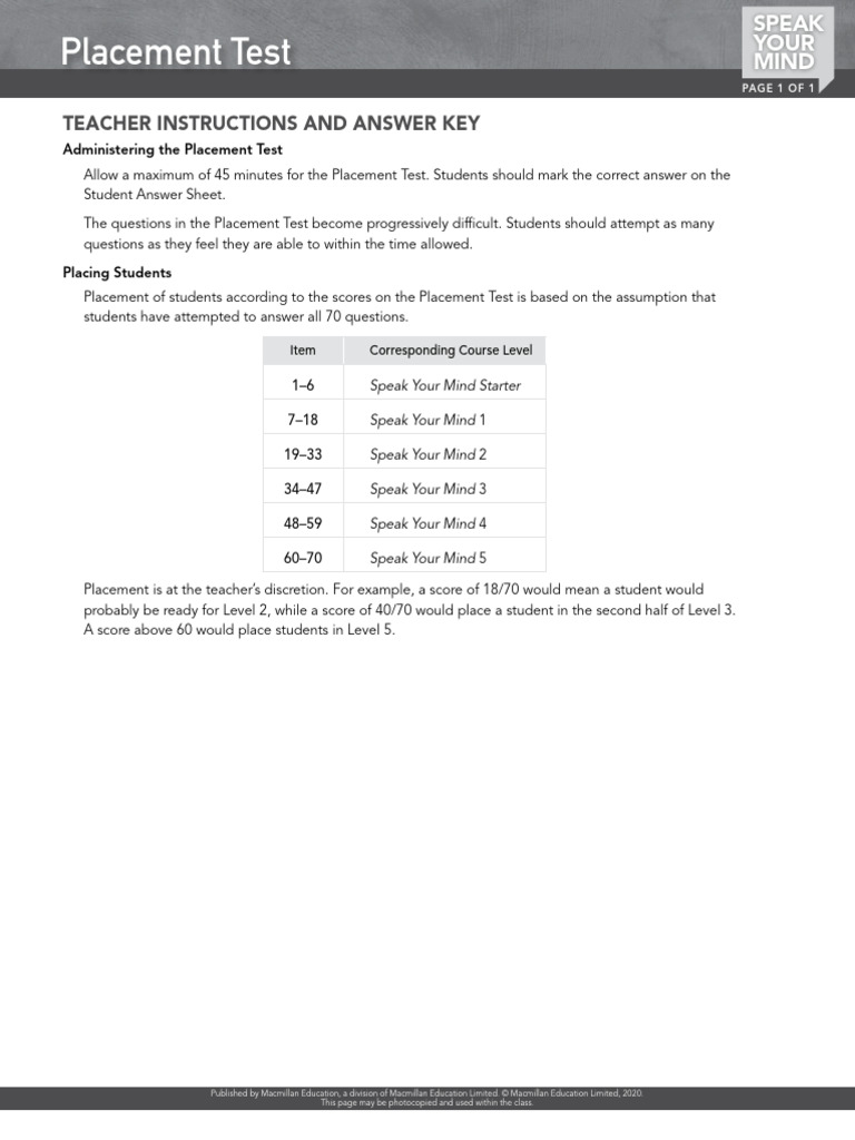 Speak Your Mind Placement Test Guide | PDF | Tests | Evaluation Methods