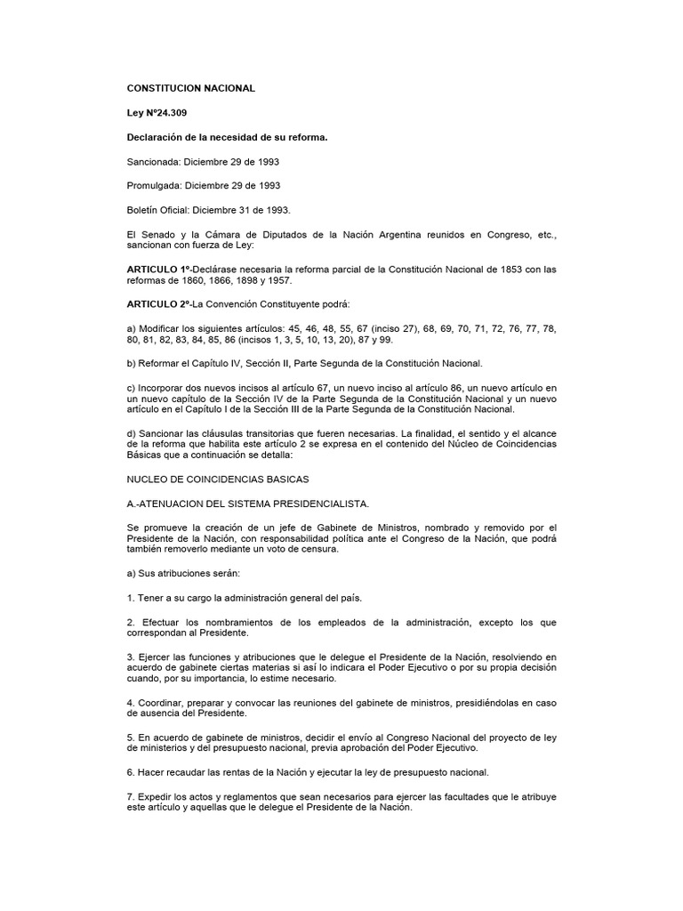 Ley 24309 Declaración de La Necesidad de Reforma CN | PDF | Gobernancia ...