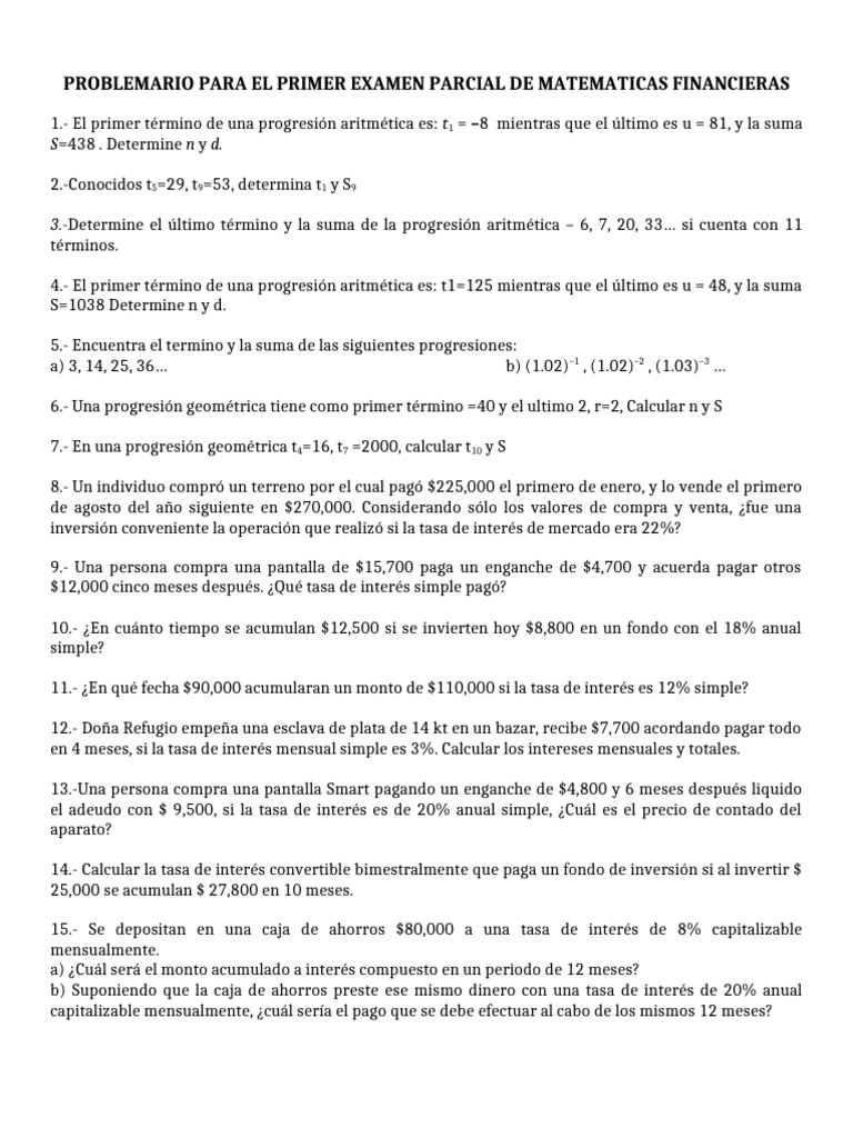 Problemario 1er. Examen Parcial Matematicas Financieras | PDF ...