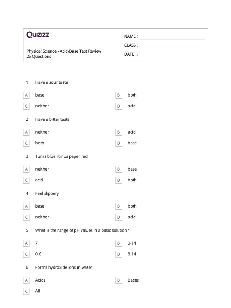 Physical Science - Acid - Base Test Review (Quizziz) | PDF | Ph | Acid