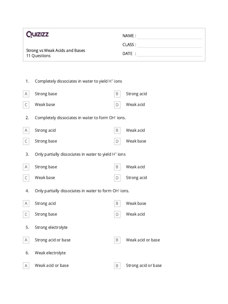 Strong and Weak Acids and Bases Quiz | PDF | Cooking, Food & Wine