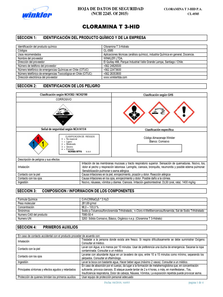 Cloramina T 3 Hid P.A. | PDF | Agua | Ventilación (Arquitectura)