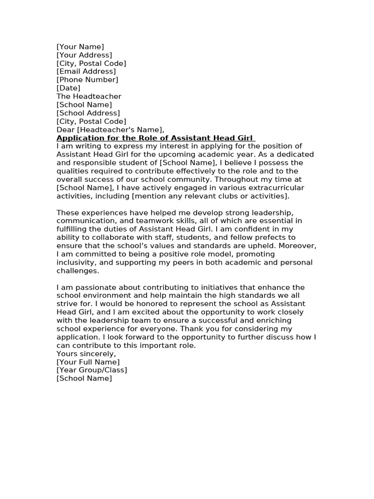 Application For Assistant Head Girl Position in School | PDF
