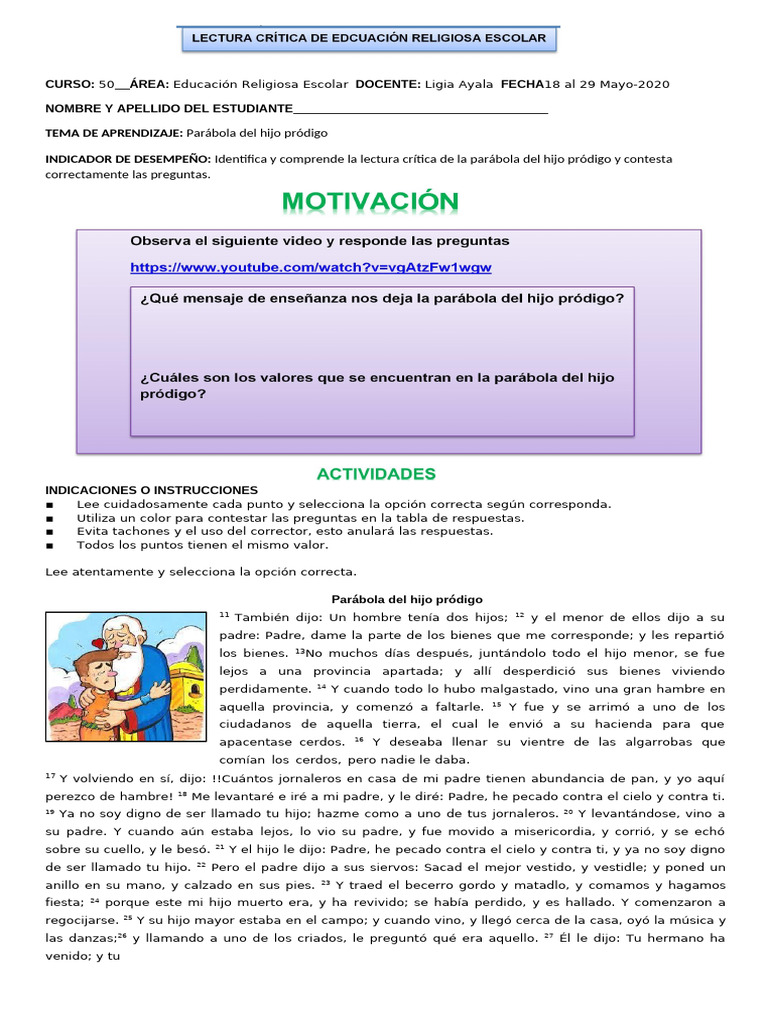 Parábola del hijo pródigo: Actividades educativas | PDF