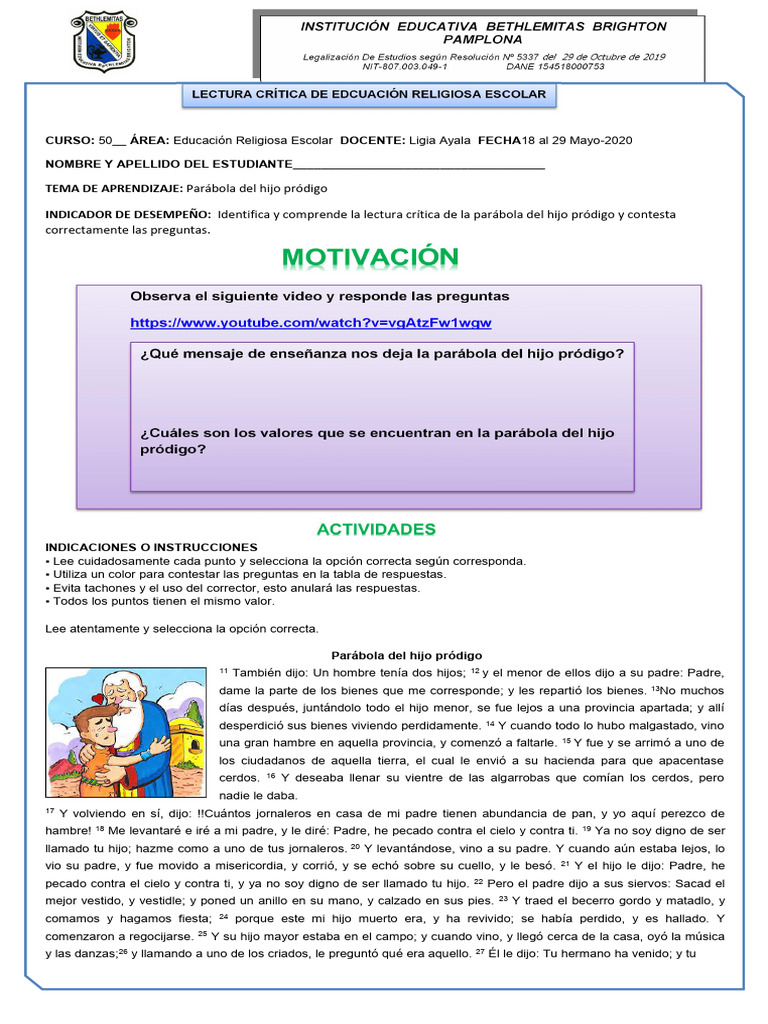 Parábola del hijo pródigo: Actividades educativas | PDF