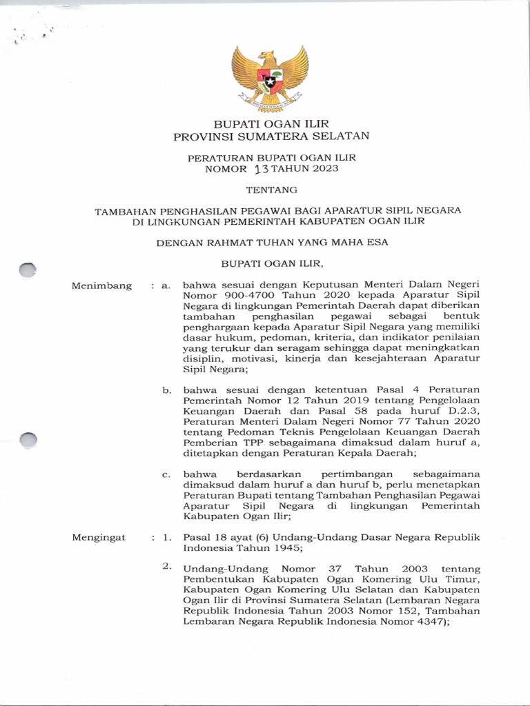 PERBUP NO. 13 TAHUN 2023 - TPP Bagi ASN Di Lingkungan Pemkab. Ogan Ilir | PDF