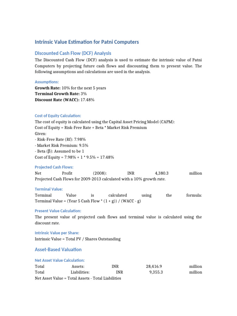 IntrinsicValueEstimation - Patni Computers | PDF | Finance & Money Management