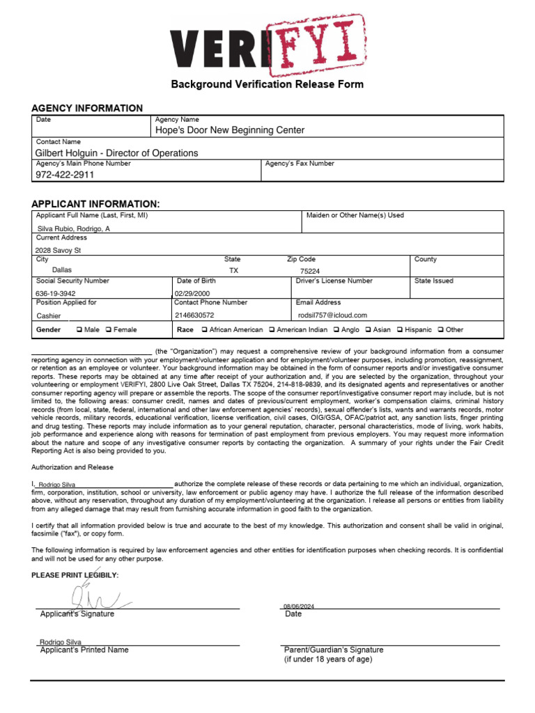 Background Verification Release Form | PDF | Background Check ...