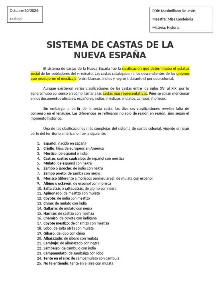 Sistema de Castas de La Nueva España | PDF | America latina | Casta