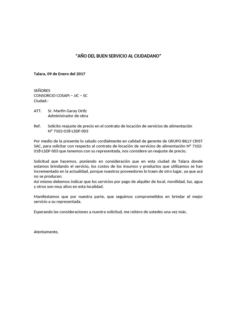 Carta Reajuste de Precios | PDF