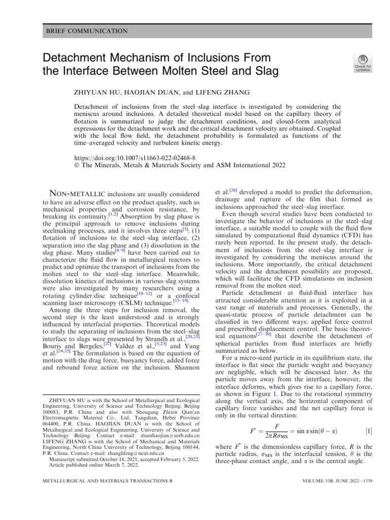 Detachment Mechanism of Inclusions From The Interface Between Molten ...
