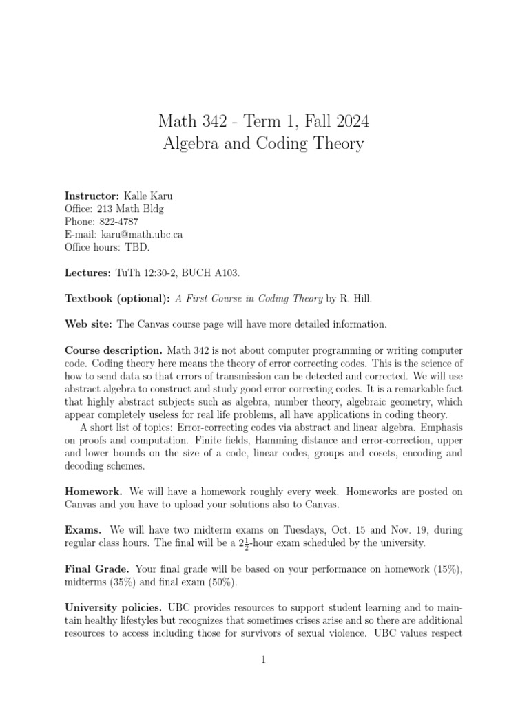 Math 342 - Term 1, Fall 2024 Algebra and Coding Theory: Instructor | PDF