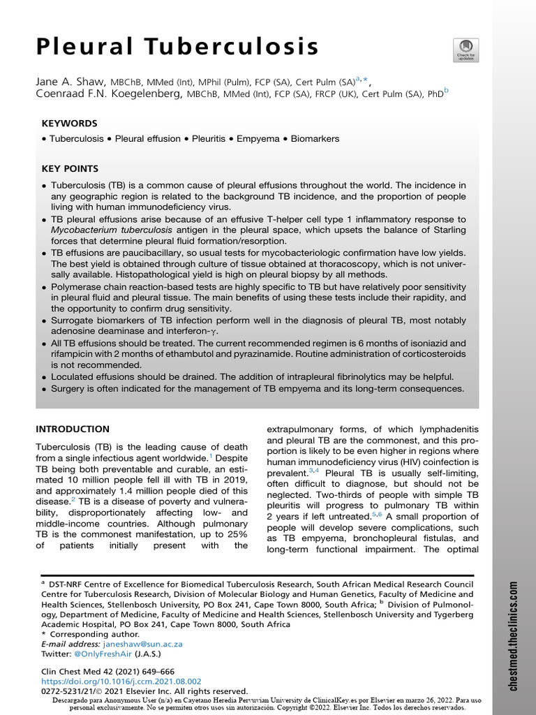 Tuberculosis pleural - 2021 | PDF | Tuberculosis | Medical Specialties