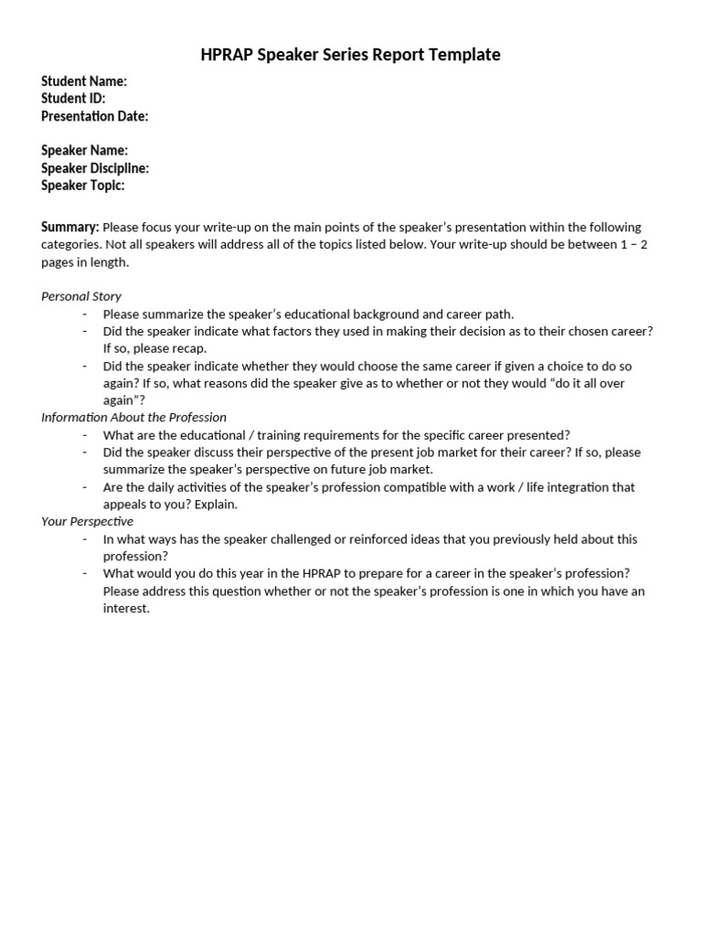 Speaker Report Template | PDF | Business | Language Arts & Discipline