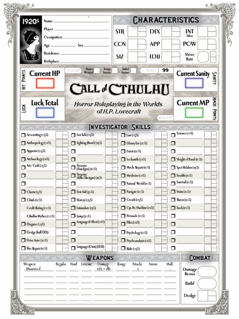 Character Sheet - 1920s - Basic Autocalc - Call of Cthulhu 7th Ed 5 | PDF