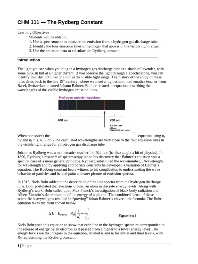 CHM111 Rydberg Constant Fall 2023 v3-1 | PDF | Emission Spectrum | Spectroscopy