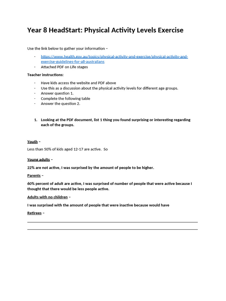 2023 Physical Activity Levels Headstart Activity | PDF