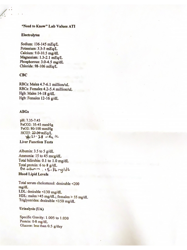 Need To Know - Lab Values ATI | PDF