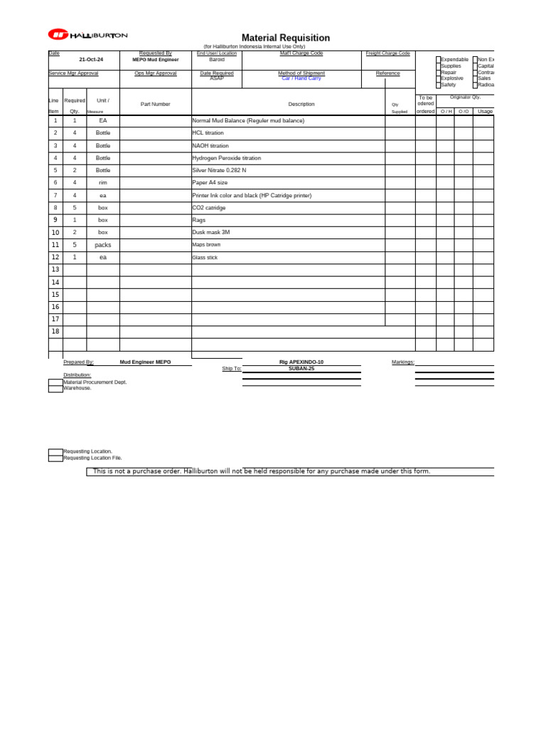 Halliburton Material Requisition Form | PDF