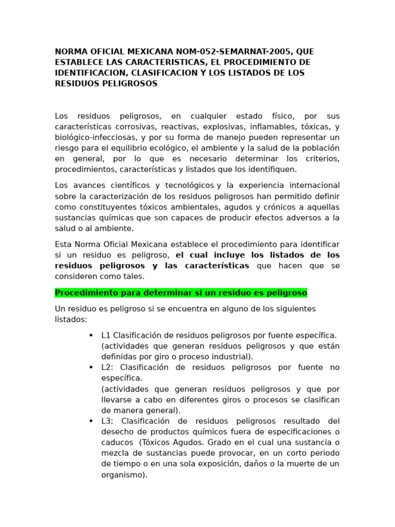 Resumen Nom-052-Semarnat-2005 | PDF | Residuos | Toxicidad