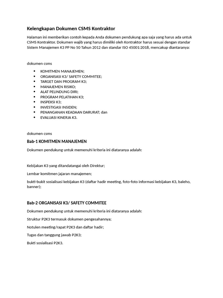Dokumen CSMS untuk Kontraktor | PDF