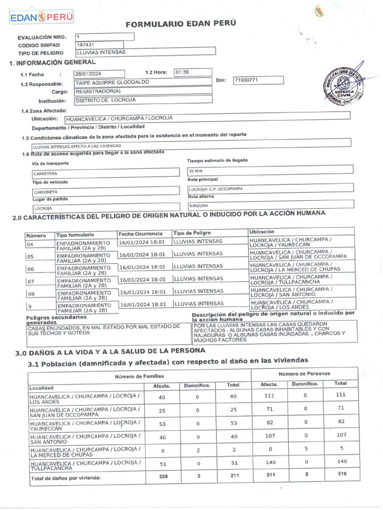 Formulario Edan Peru Parte Alta de Locroja | PDF
