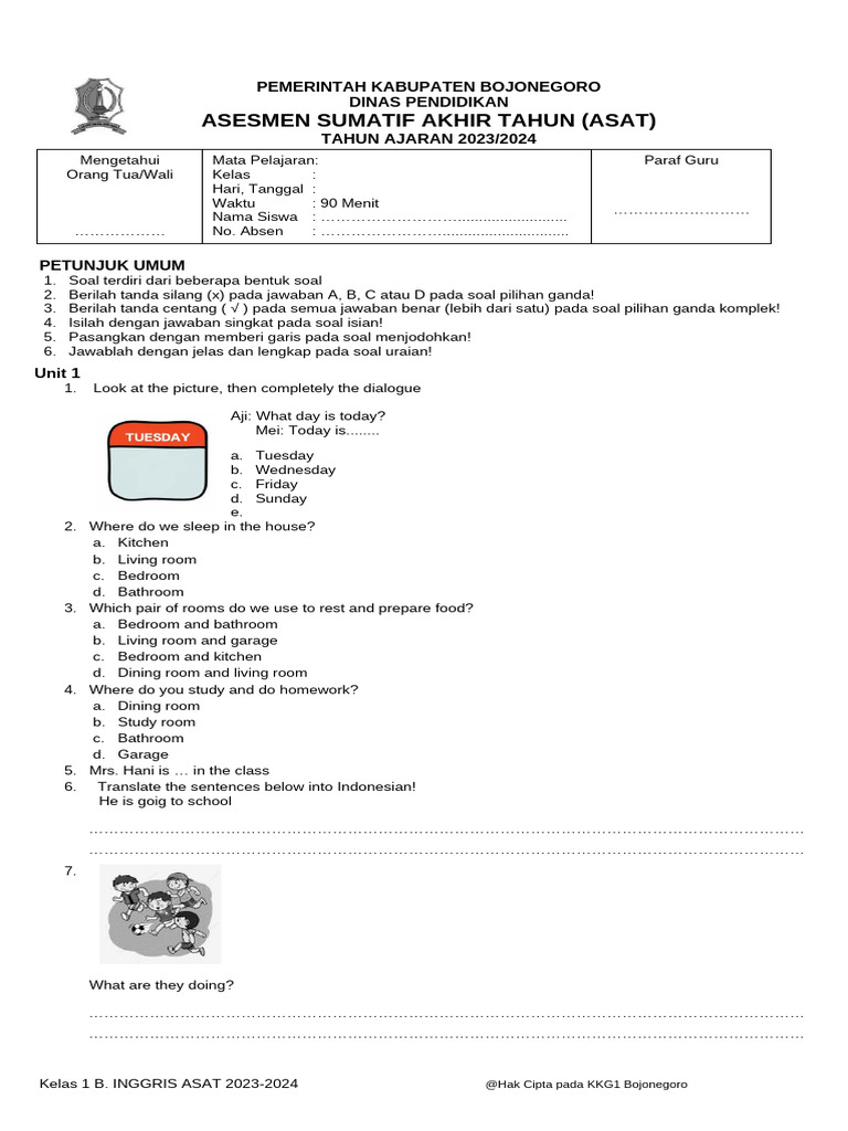 Soal Asat B Inggris Kelas 3 Tahun 2024 | PDF | Cooking | Interior Design