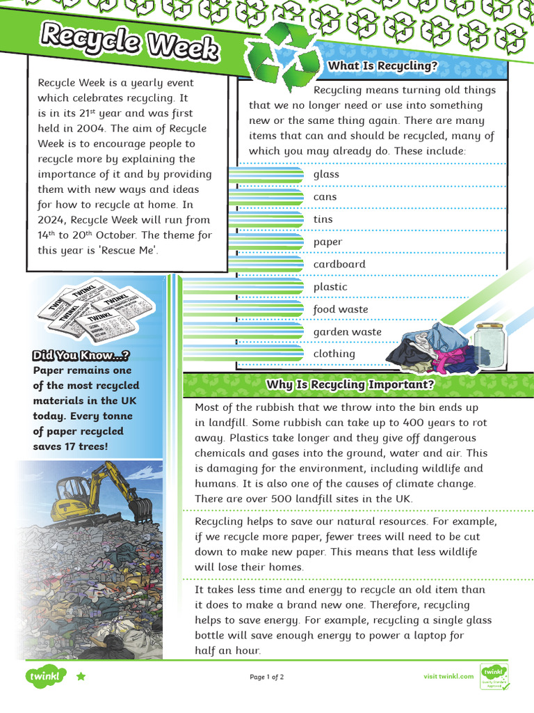 Recycle Week Differentiated Reading Comprehension Activity | PDF ...