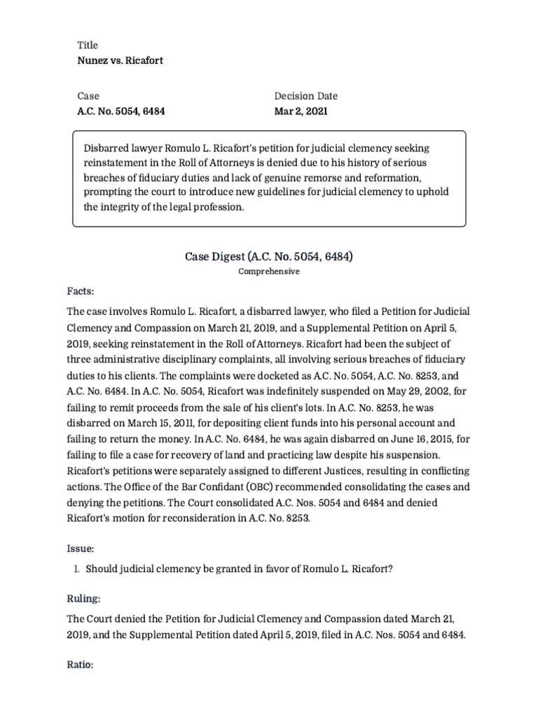 Judicial Clemency Denied for Ricafort | PDF | Disbarment | Lawyer