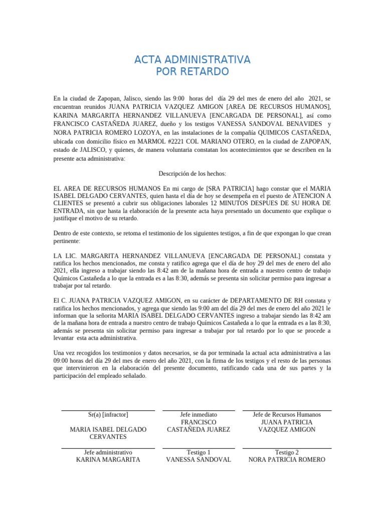 Acta Administrativa Por Retardo Marissa | PDF | Gestión de recursos humanos