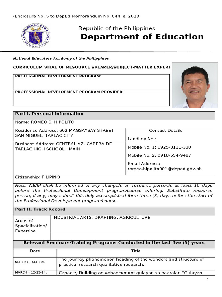 Enclosure No. 5 Curriculum Vitae of Resource Speaker - Subject-Matter ...