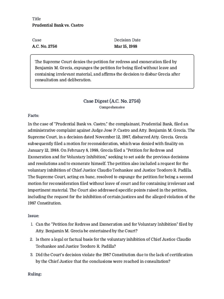 Prudential Bank vs. Castro Ruling Summary | PDF | Supreme Court Of The ...