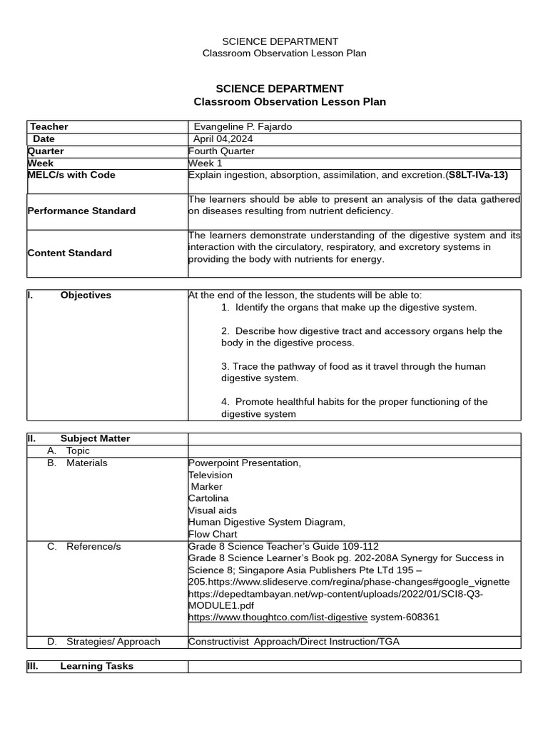 HUMAN DIGESTIVE SYSTEM LESSON PLAN | PDF | Digestion | Gastrointestinal ...