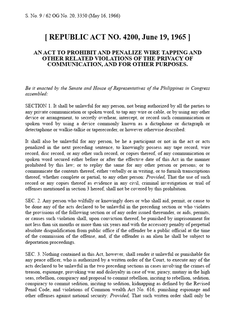 RA 4200 An Act To Prohibit and Penalize Wire Tapping and Other Related ...