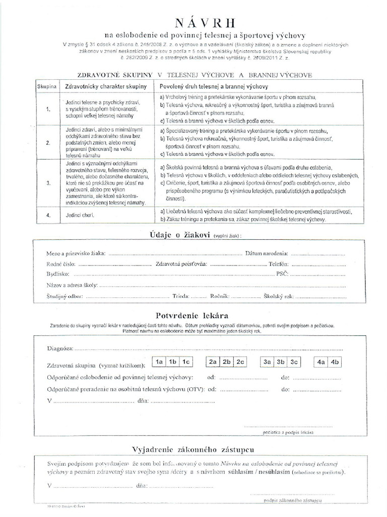 Navrh Na Oslobodenie Z Telesnej Vychovy | PDF