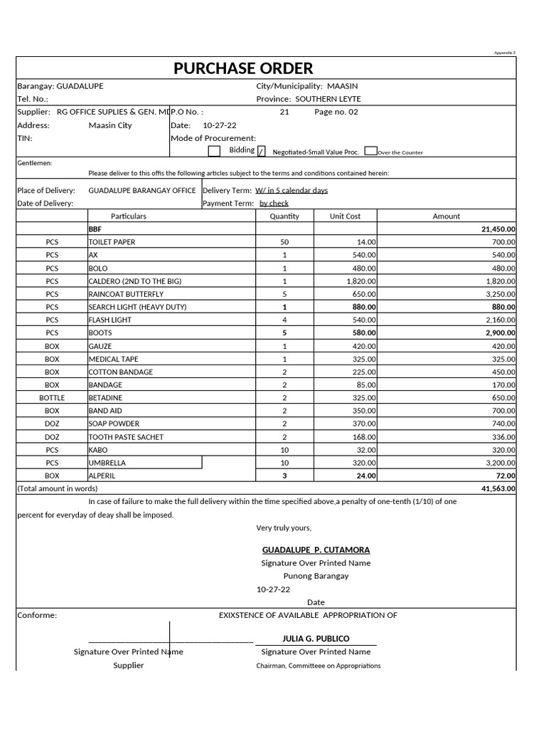 Purchase Order - BDRRMF Supply Page 2 | PDF
