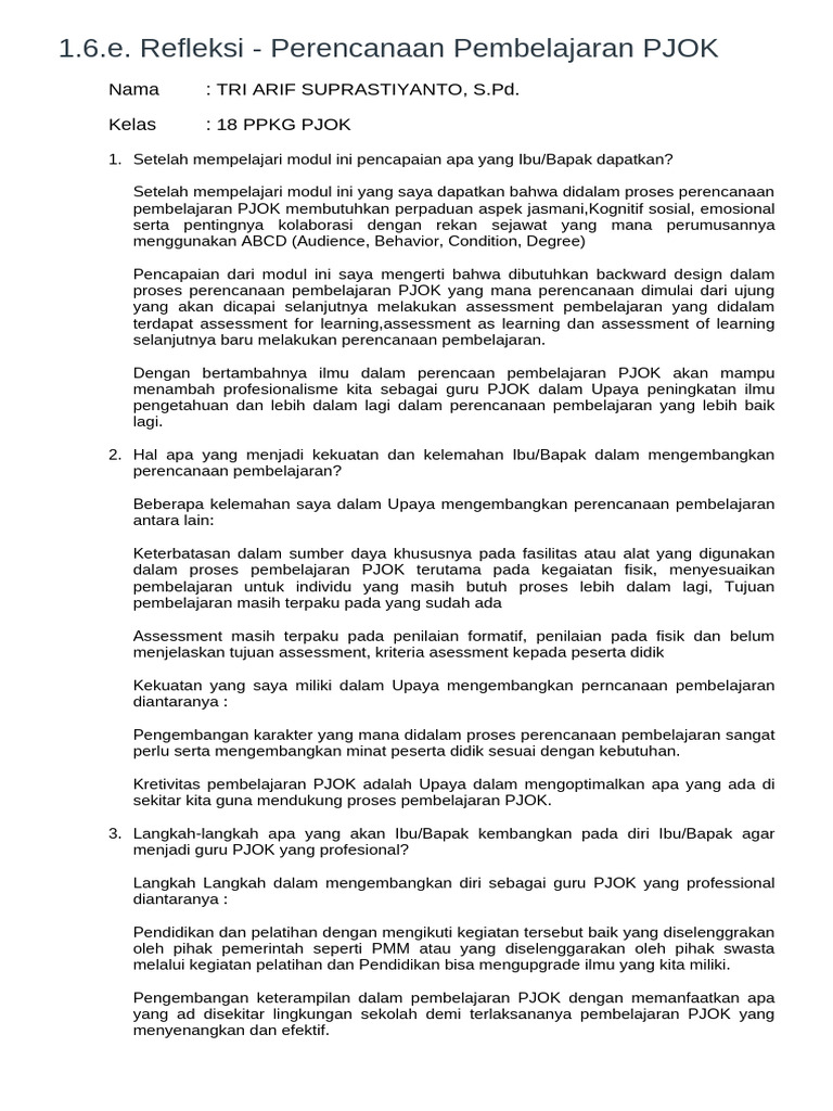 1.6.e. Refleksi - Perencanaan Pembelajaran PJOK | PDF | Karier ...