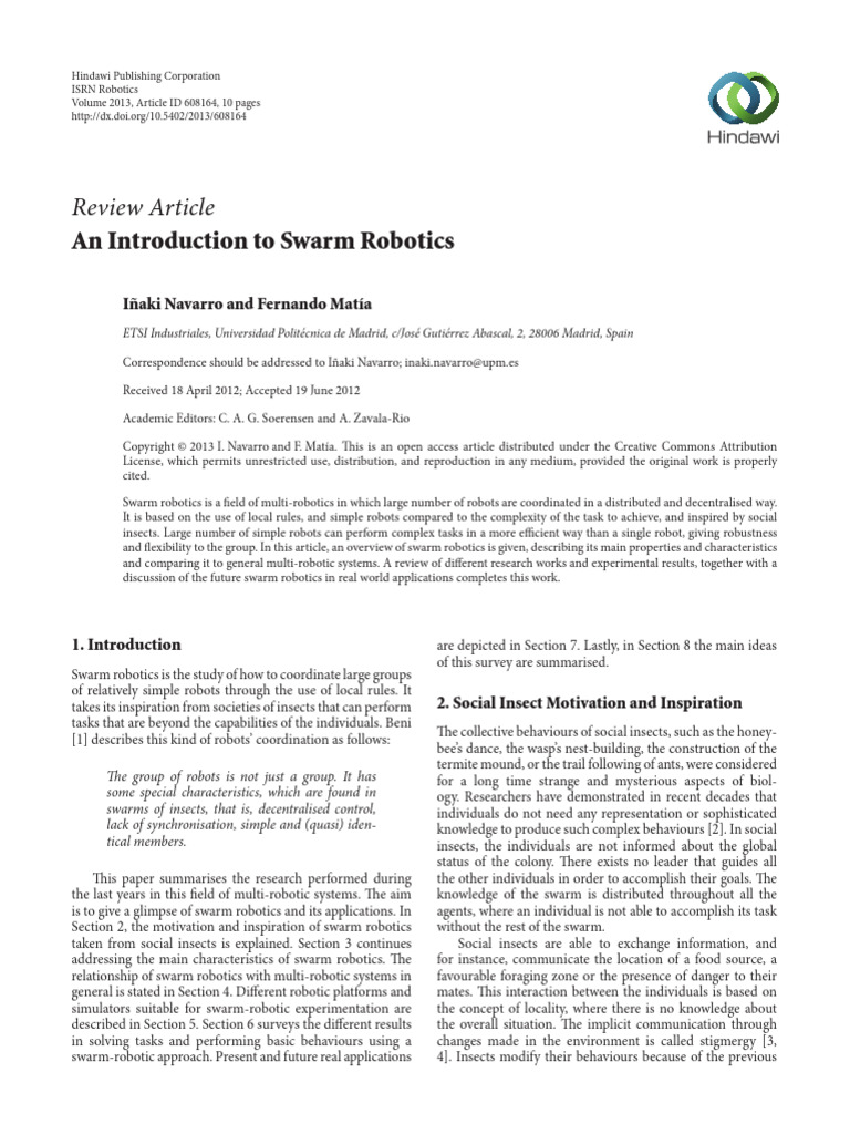 2013/608164 An Introduction To Swarm Robotics | PDF | Robot | Robotics