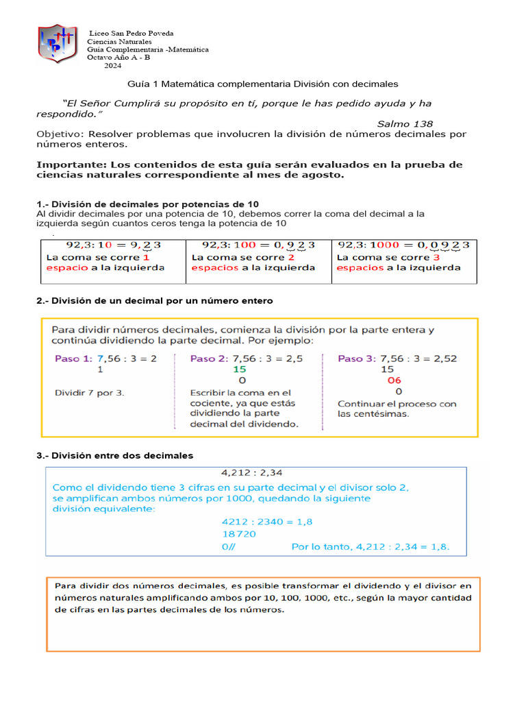 Guia 1 Division Con Decimales | PDF