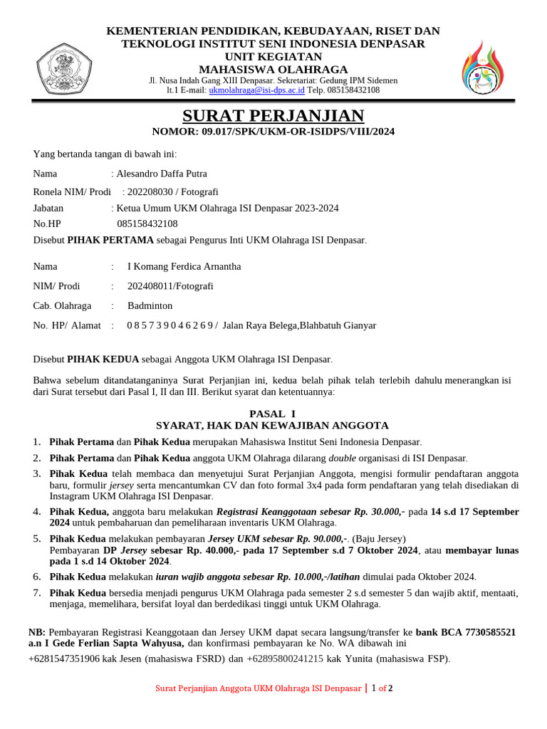 Surat Perjanjian UKM Olahraga ISI Denpasar | PDF