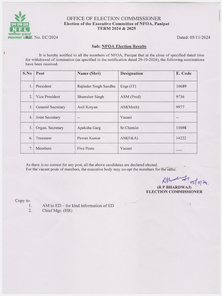 NFOA Election Results | PDF