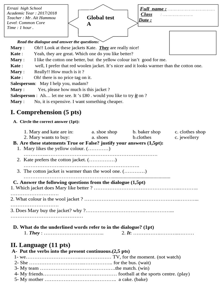 Global Exam A 1st Term | PDF | Cooking, Food & Wine